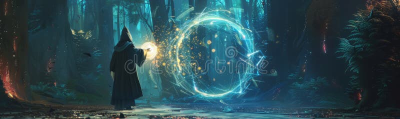 Wizard Casting a Spell that Forms a Vortex of Glowing Particles in a ...