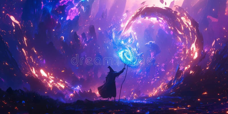 Wizard Casting a Powerful Spell, Glowing Magic Energy in Hands Stock ...