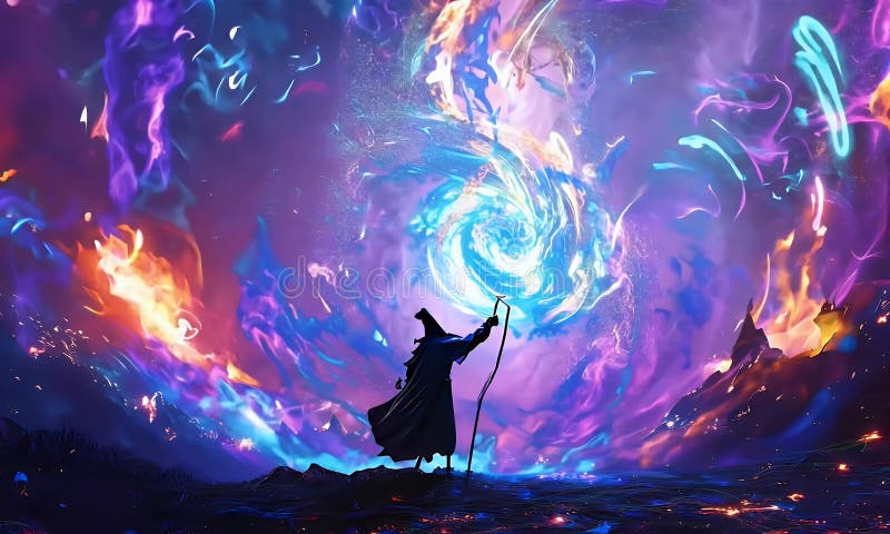 Wizard Casting a Spell that Forms a Vortex of Glowing Particles in a ...