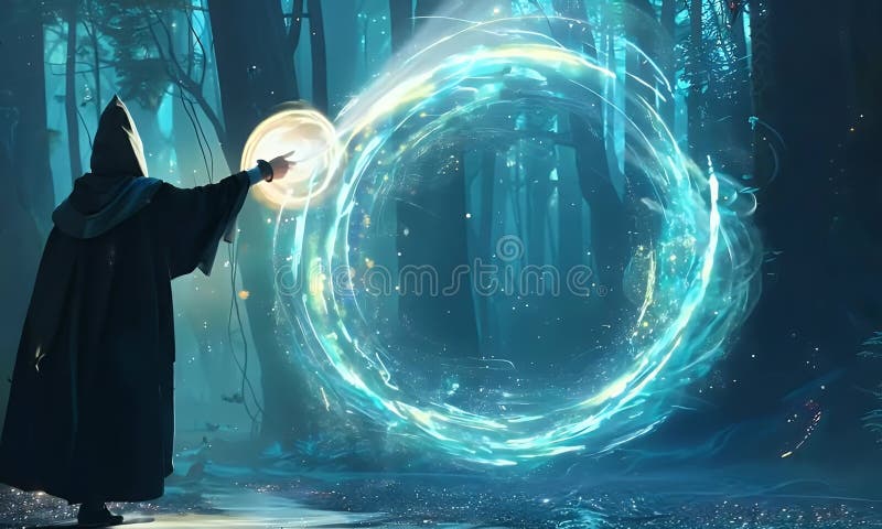 Wizard Casting a Spell that Forms a Vortex of Glowing Particles in a ...