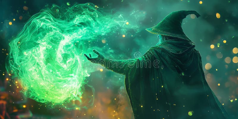Wizard Casting a Powerful Spell, Glowing Magic Energy in Hands Stock ...