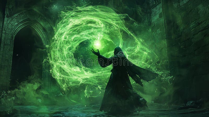 Wizard Casting a Powerful Spell, Glowing Magic Energy in Hands Stock ...