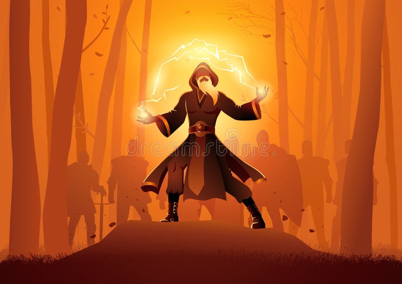 Wizard Casts Enchanted Powerful Spell in the Woods with Knights Behind ...