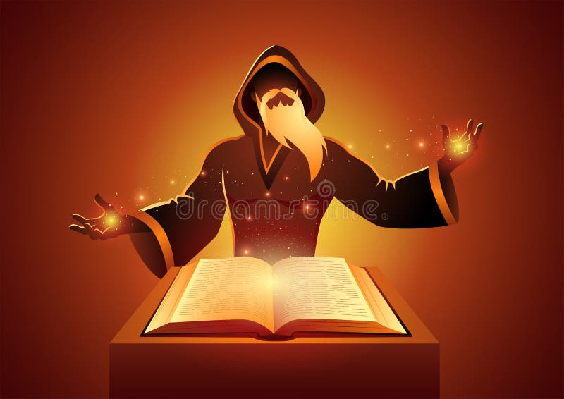 Wizard Casts His Magic by Reading a Spell Book Stock Illustration ...