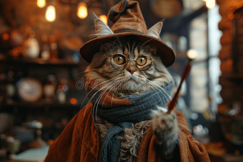 A Wizard Cat Dressed As a Wizard Holding a Wand Amidst Magical Sparks ...