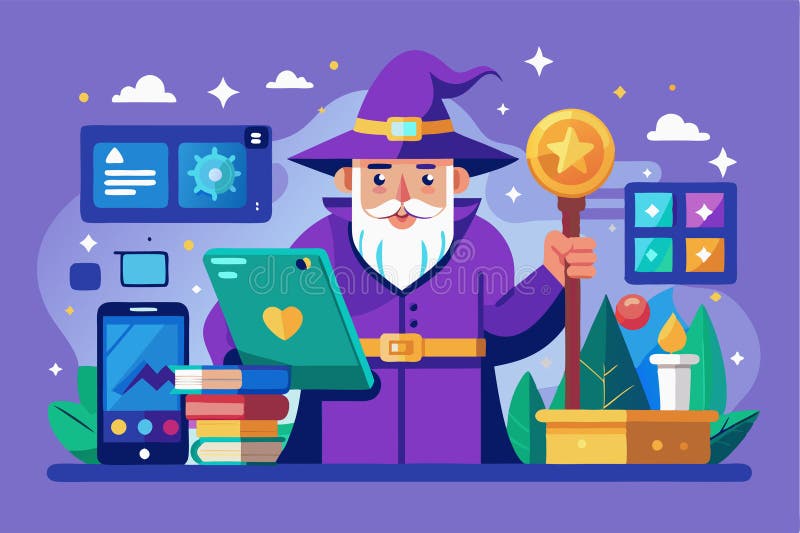A Wizard Character Uses a Tablet and Wand while Surrounded by Magical ...