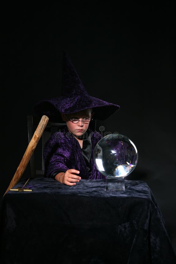 Wizard Child with Crystal Ball and Staff Stock Photo - Image of spells ...