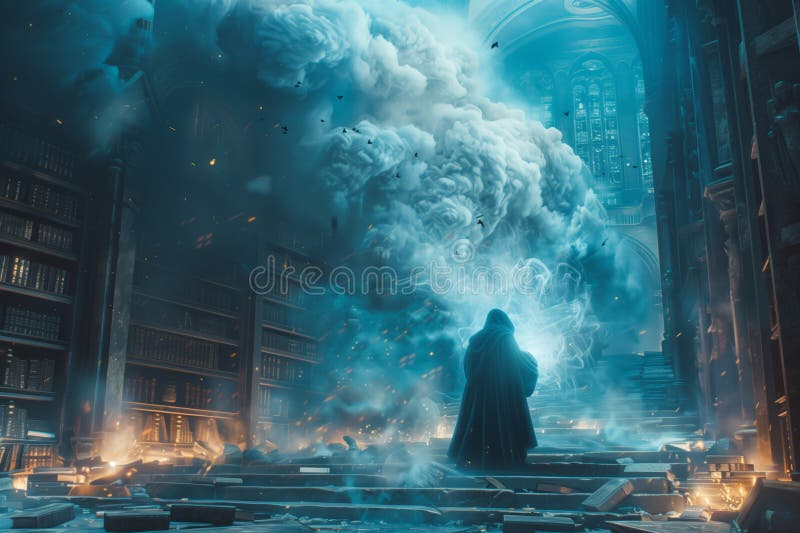 A Wizard Conjures a Powerful Storm in a Library Stock Image - Image of ...
