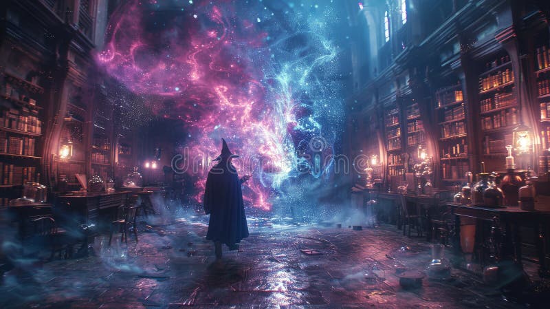 Wizard Conjuring Magic in a Library Stock Illustration - Illustration ...