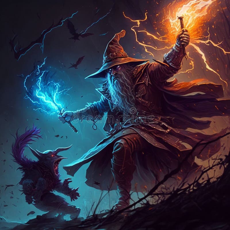A Wizard Fighting a Monster High Quality AI Illustration Stock ...