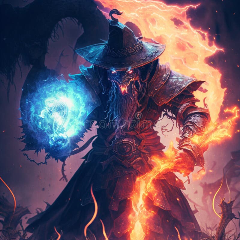 A Wizard Fighting a Monster Stock Image - Image of female, artwork ...