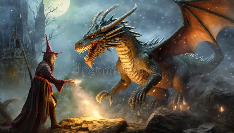 Wizard by fire with dragon stock illustration. Illustration of ...