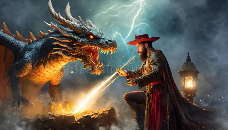 Wizard by fire with dragon stock illustration. Illustration of cover ...