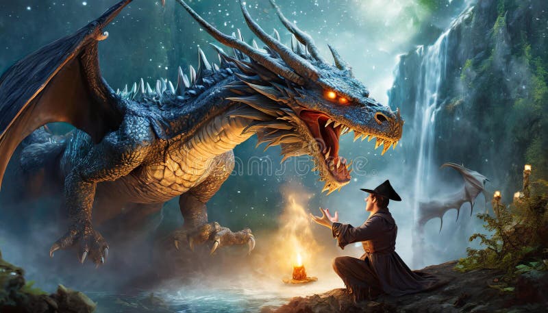 Wizard by fire with dragon stock illustration. Illustration of clothing ...