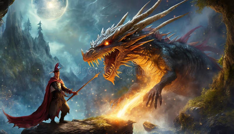 Wizard by fire with dragon stock illustration. Illustration of ...