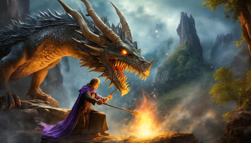 Wizard by fire with dragon stock illustration. Illustration of cartoon ...