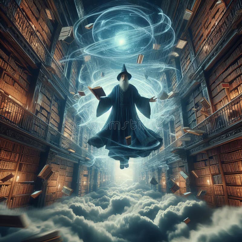 Wizard in a Floating Library a Wise Wizard Levitating Amidst she Stock ...