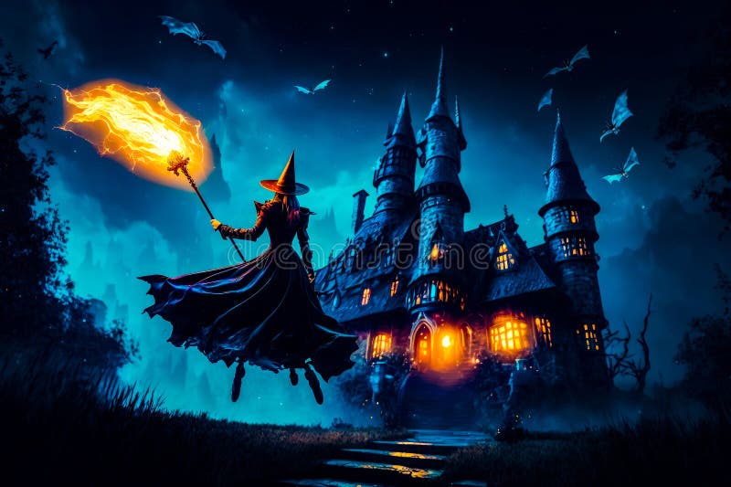 Wizard Flying in Front of Castle with Fire in Its Hand. Generative AI ...