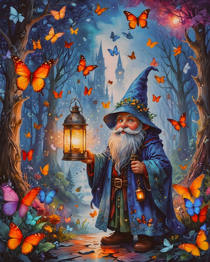A Wizard in a Forest is Depicted in a Painting, Holding a Lantern and ...