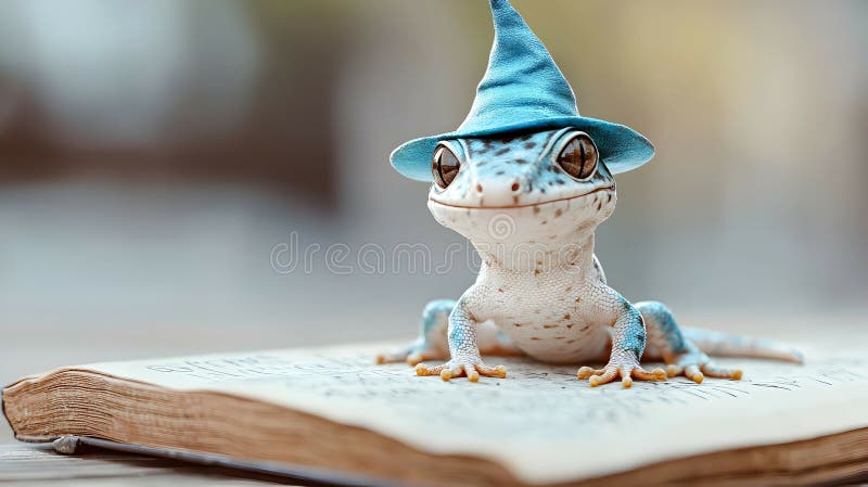 Wizard Gecko in Tiny Blue Hat on Open Book Stock Illustration ...