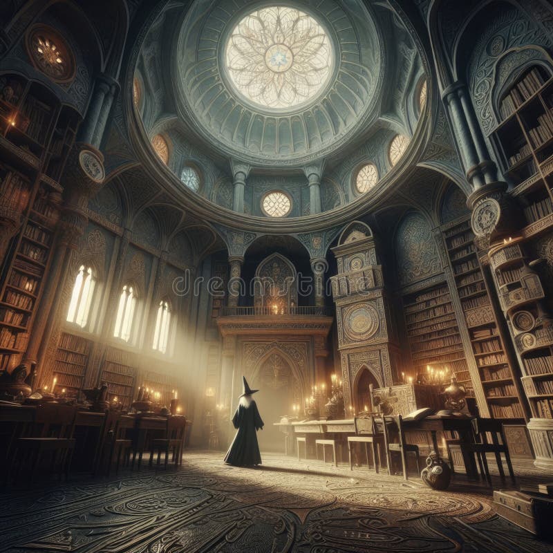 Wizard in grand library stock illustration. Illustration of mystical ...