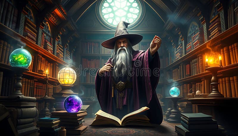 Wizard in Library with MagicðŸ ®, Fantasy Character, Mystical Scene ...