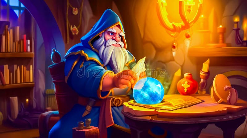 Wizard Looking at Crystal Ball in Room with Table and Lamp. Generative ...
