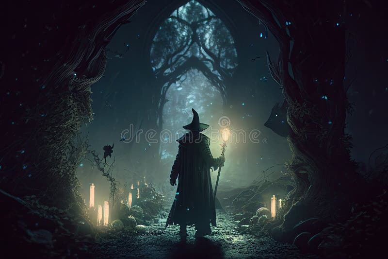 A Wizard with a Magic Staff in Forest. Concept of Magic and Sorcery in ...