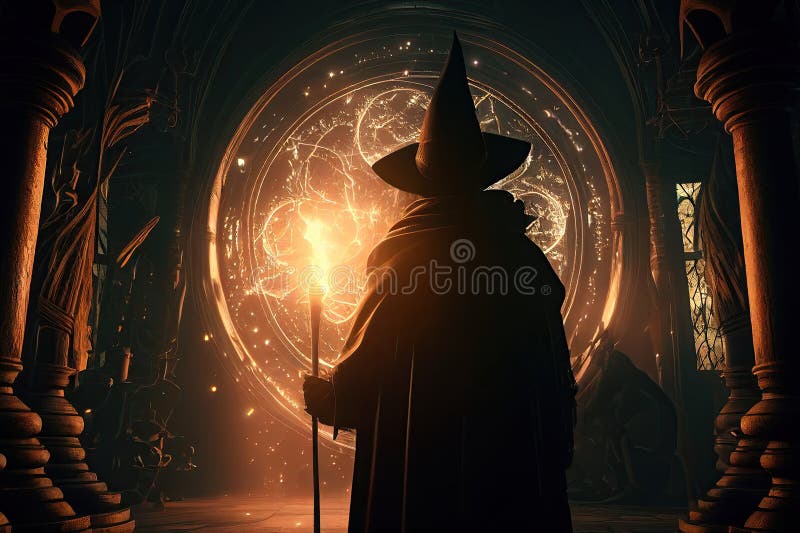 A Wizard with a Magic Staff in Hall with Sunlight. Concept of Magic and ...