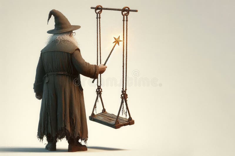 A Wizard with a Magic Wand Stands at the Swing. Space for Text. Stock ...