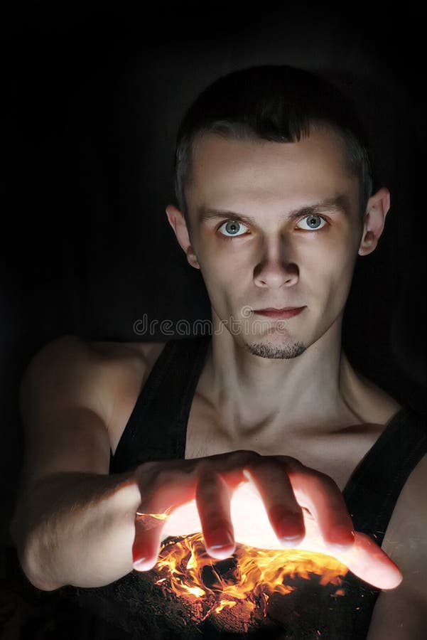 Wizard Man with Fire Fireball Stock Photo - Image of hand, flame: 180773126