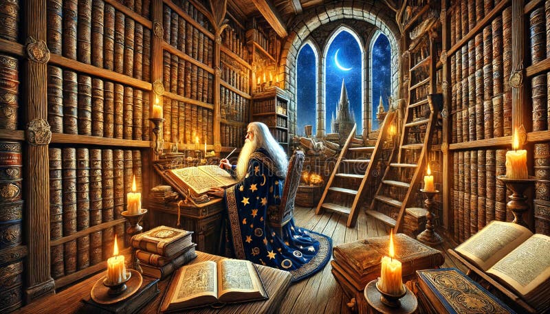 Wizard in Mystical Study Tower Stock Illustration - Illustration of ...