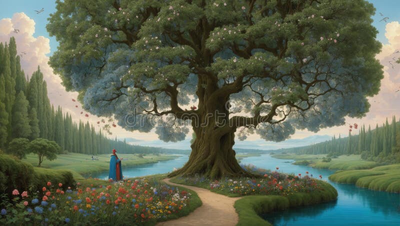 A Wizard Near an Old Large Tree in a Flowering Meadow Stock ...