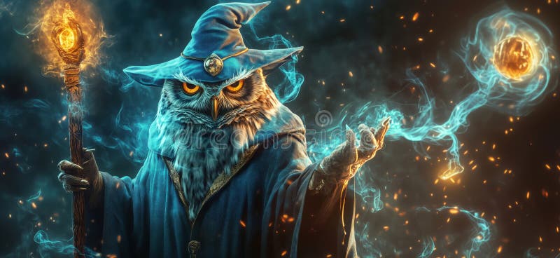 Wizard Owl Casting Spells with Staff and Magic Orbs, Mystical ...