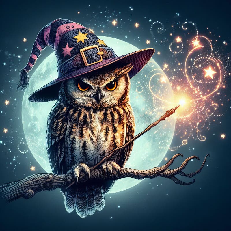 Wizard Owl an Owl with a Wizard Hat and Wand Casting a Spell Stock ...