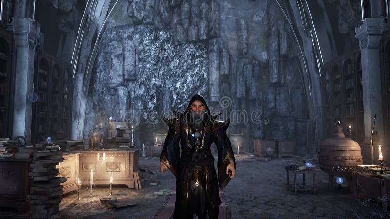 The Wizard Prepares for a Magic Ritual in His Ancient Castle. 3D ...