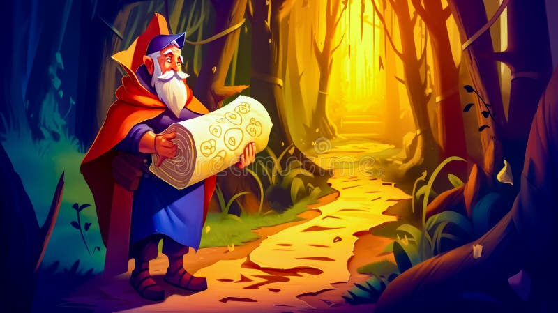 Wizard is Reading Scroll in the Middle of Path in Forest. Generative AI ...