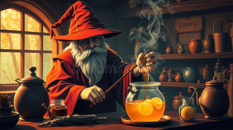 Wizard Brewing a Potion in a Cozy Workshop, Creating Magical Concoctions with Lemons and a Wand ...