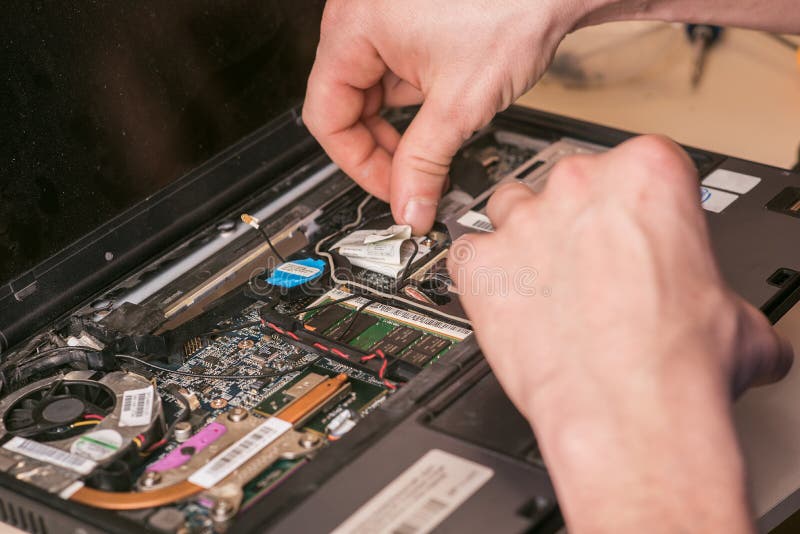 Wizard Repairs Laptop with Tools and Hands Stock Photo - Image of ...