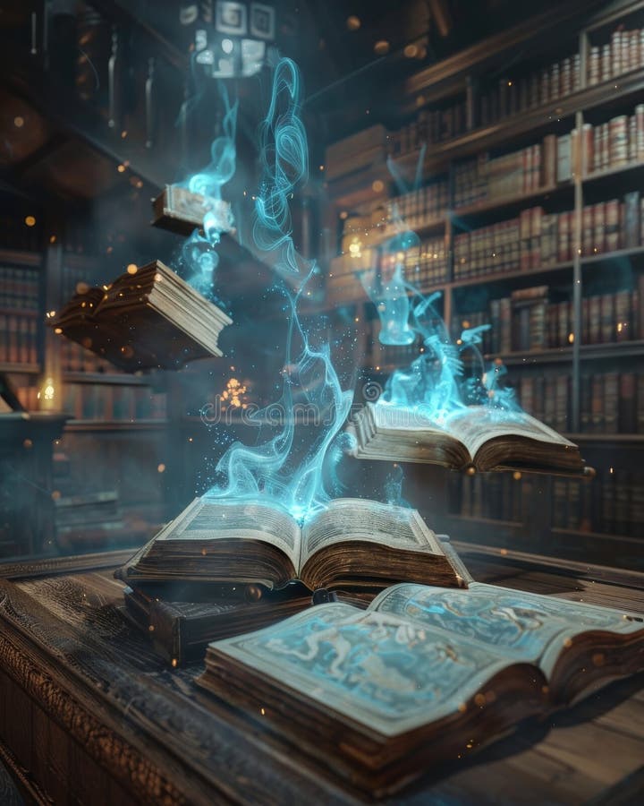 A Wizards Library with Holographic Spell Books and Ancient Scrolls ...