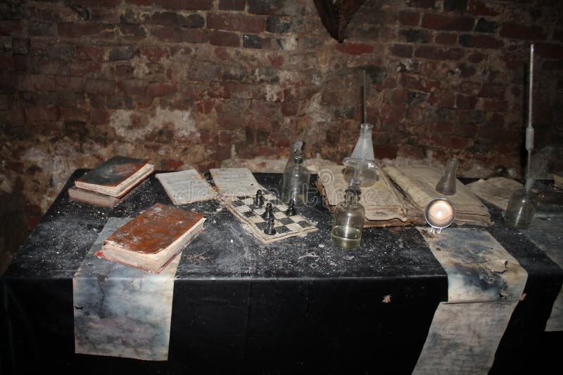 Wizard`s Old Table stock image. Image of alchemist, dusty - 248969057