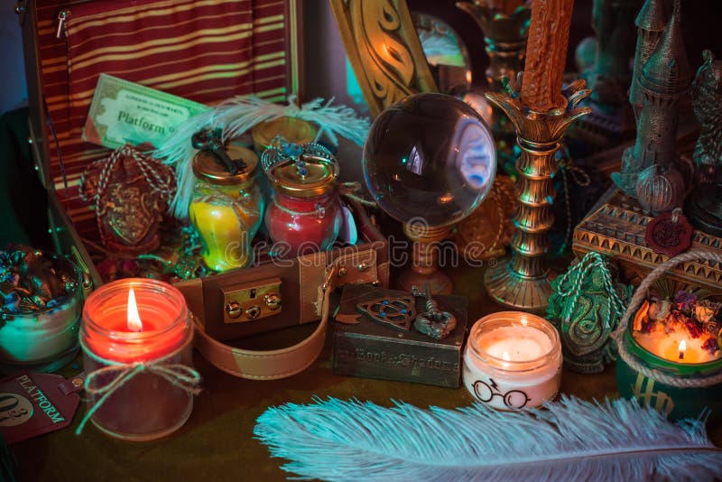 Wizard School, Interesting Magical Stuff on a Table Editorial ...