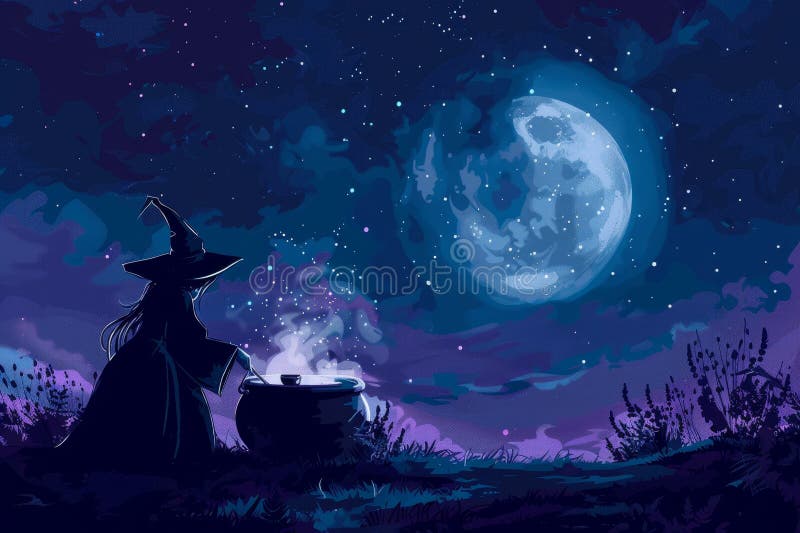 A Wizard is Seated on a Hill, Gazing at the Moon Above, a Witch ...