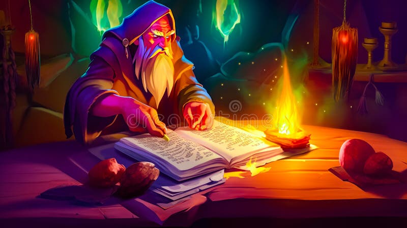 Wizard Sitting at Table with Book and Candle in Front of Him ...