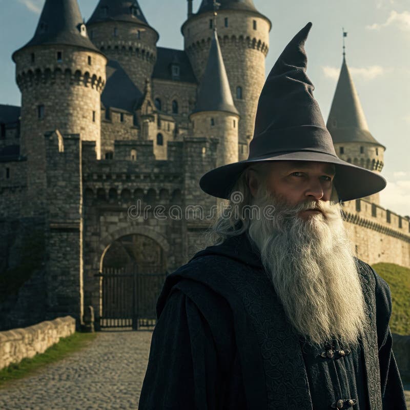 The Wizard Stands in Front of the Stone Castle. Stock Image - Image of ...
