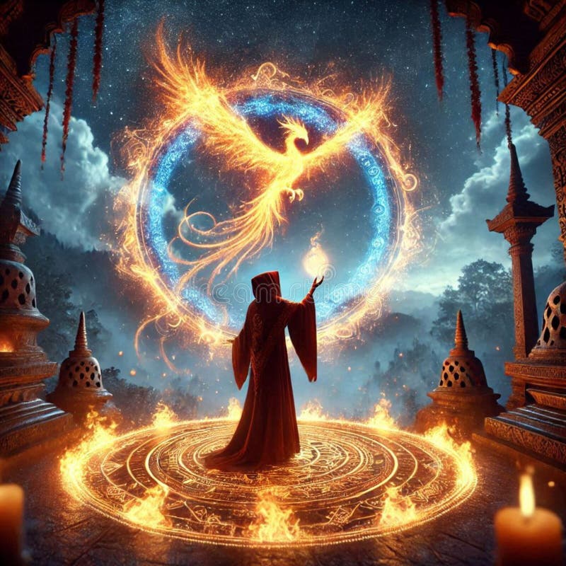 A Wizard Summoning a Glowing, Ethereal Phoenix from a Circle of Fire ...