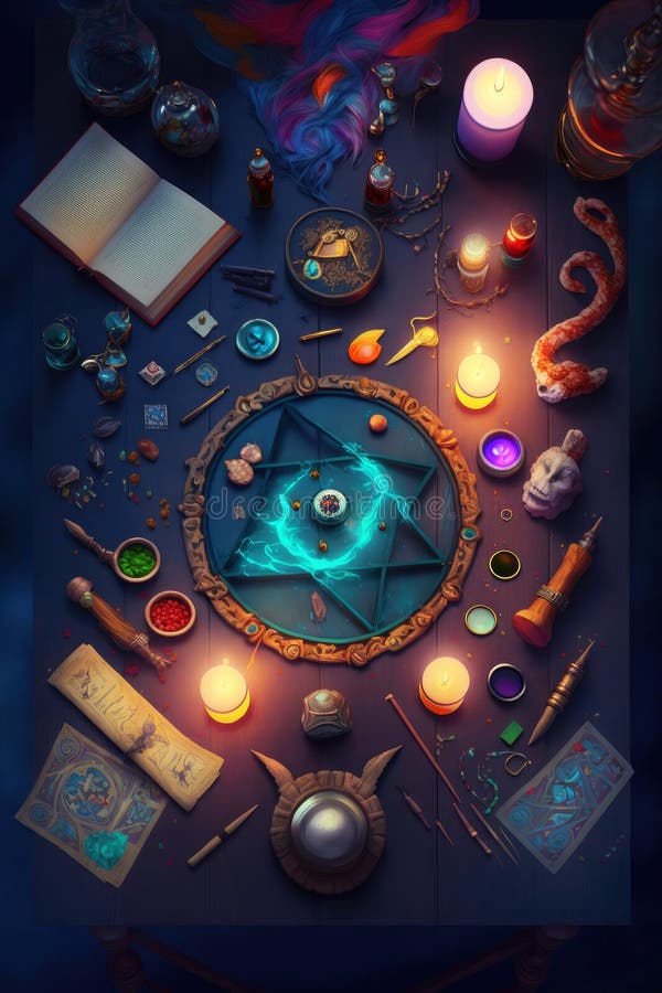 Wizard Table with Witchcraft Accessories. Created with Generative AI ...