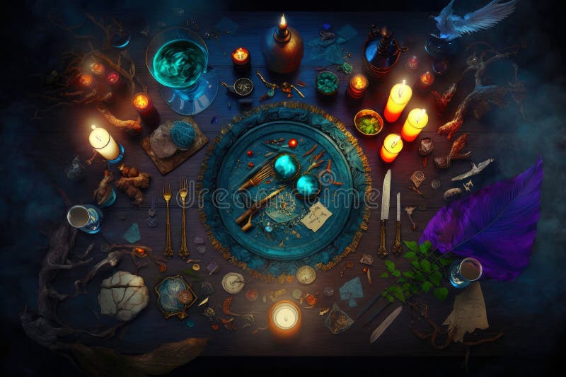 Wizard Table with Witchcraft Accessories. Created with Generative AI ...