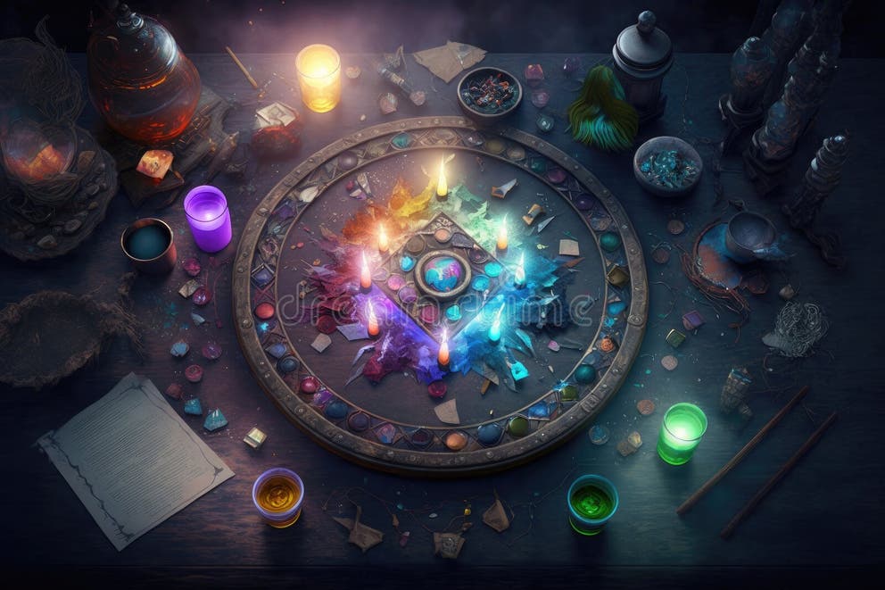 Wizard Table with Witchcraft Accessories. Created with Generative AI ...