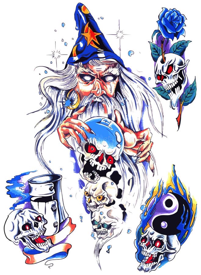 Wizard Tattoo Set. Set of Labels and Elements. Vector Set Illustration ...